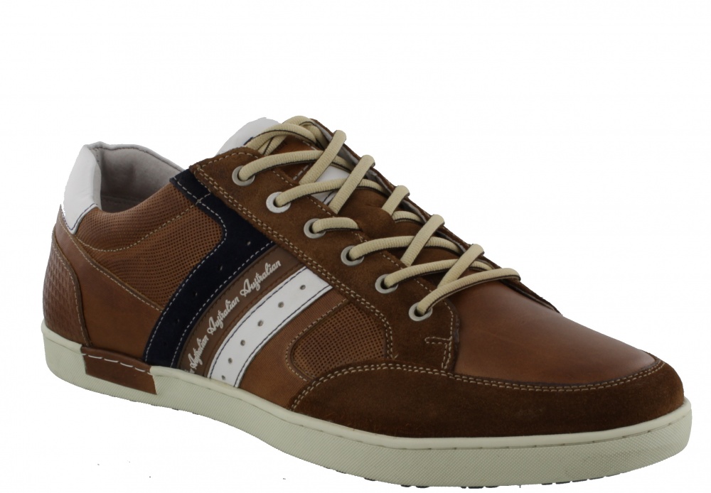 Australian Footwear Nothingham Leather Trainer Tan-Blue-White at ...
